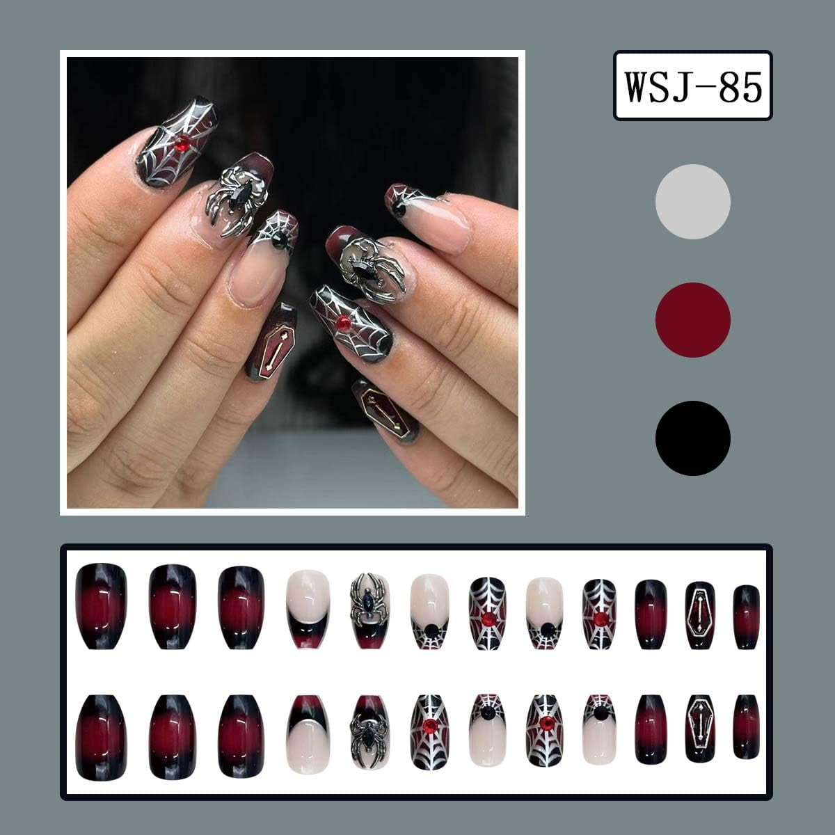 LIDUI-Coffin Press on Nails Short Fake Nails 3D Spider Nails Black Red ...