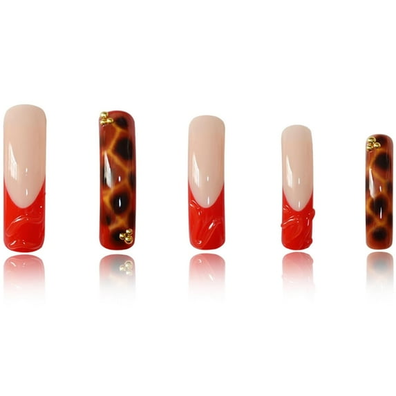 LIDUI-Curved Press on Nails Long Fake Nails Red Artificial Nail Leopard ...
