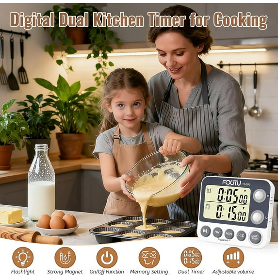 LIDUI-Digital Dual Kitchen Timer with Magnetic Back & Memory Presets, 2 ...