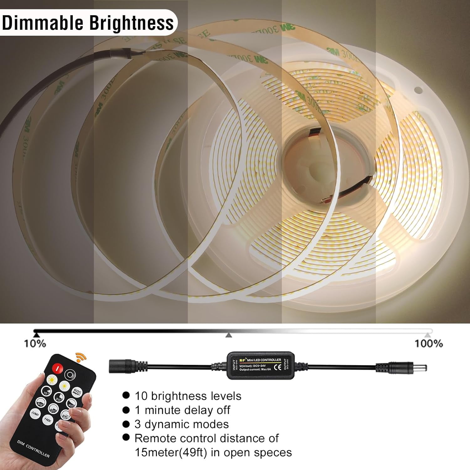 LIDUI-Dimmable COB LED Strip Light Kit with RF Remote & UL12v Power ...