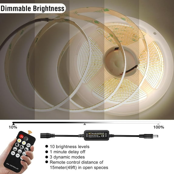LIDUI-Dimmable COB LED Strip Light Kit with RF Remote & UL12v Power ...