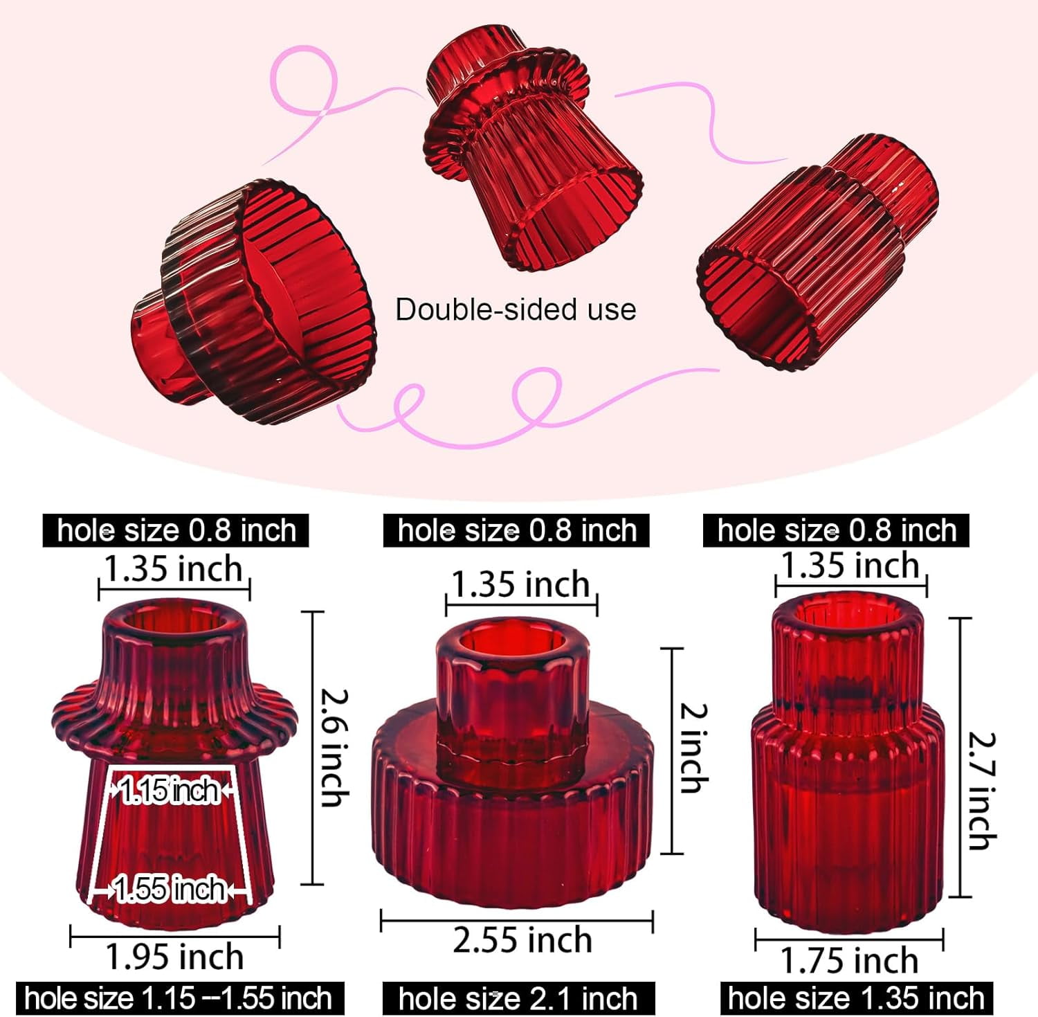 LIDUI-Double Sided Vintage Ribbed Taper Glass Candle Holders,Tea Candle ...