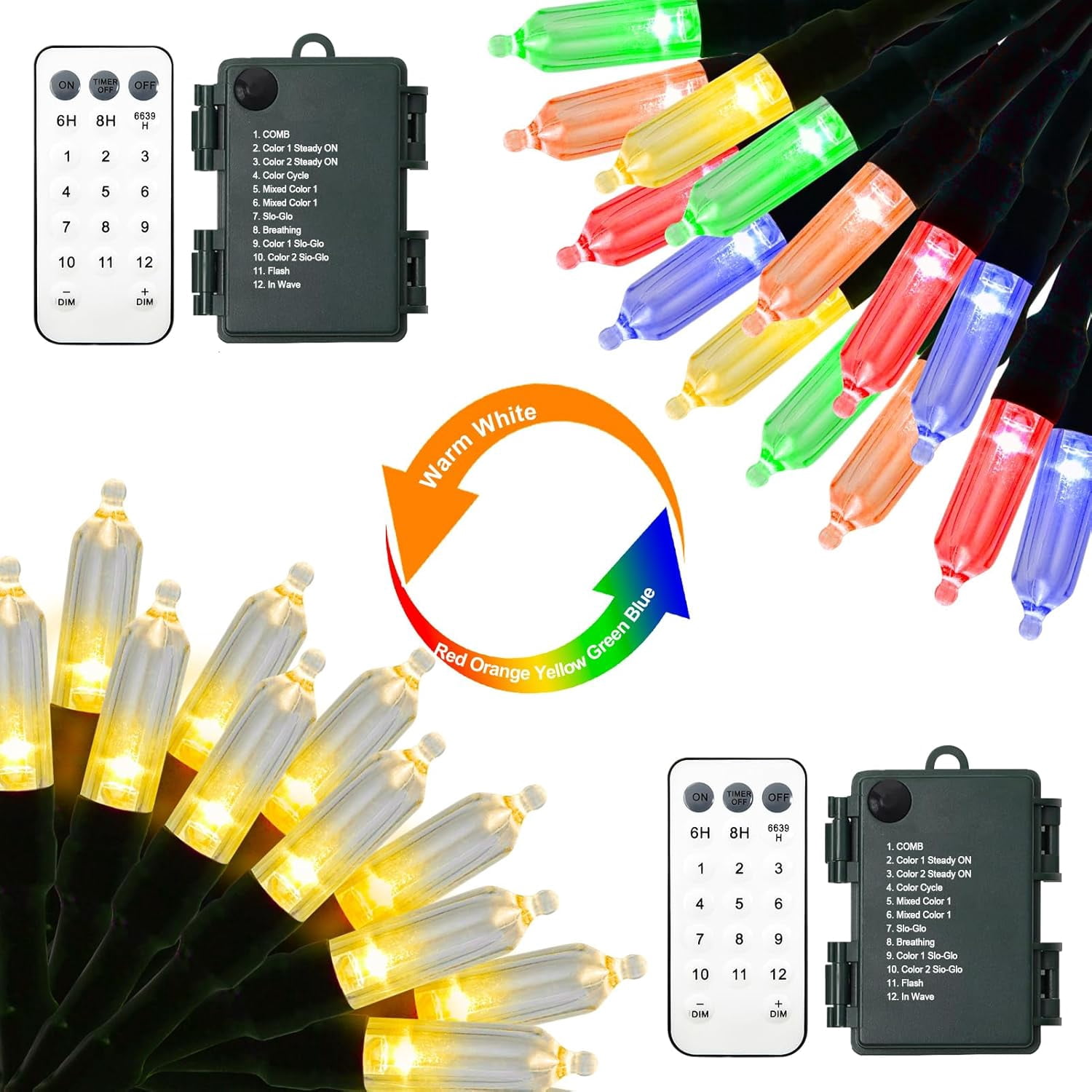 LIDUI-Dual Color Changing Christmas Lights Battery, 2 Pack 23ft 70 LED ...