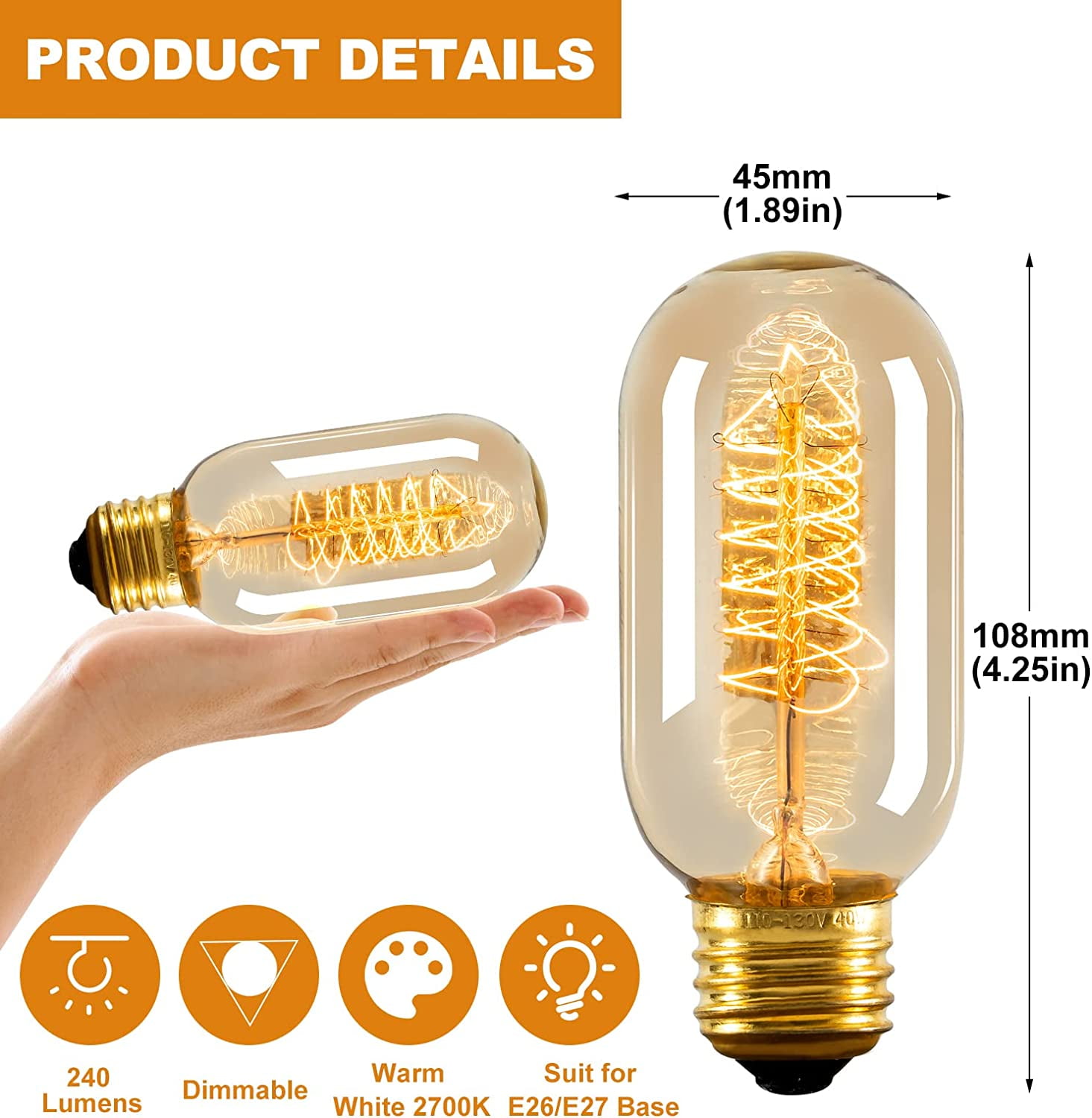 LIDUI-Edison Bulbs,6-Pack Vingtage Filament Light Bulb,T45 2700K Warm ...