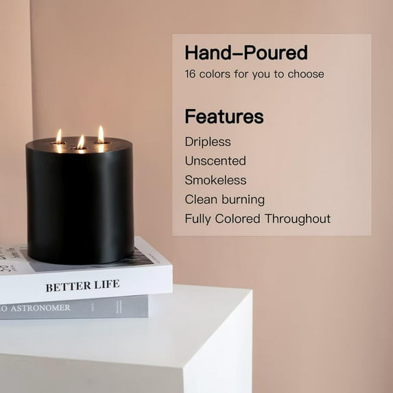 LIDUI-Extra Large 3 Wick Black Pillar Candle, 6" x 6", Unscented ...
