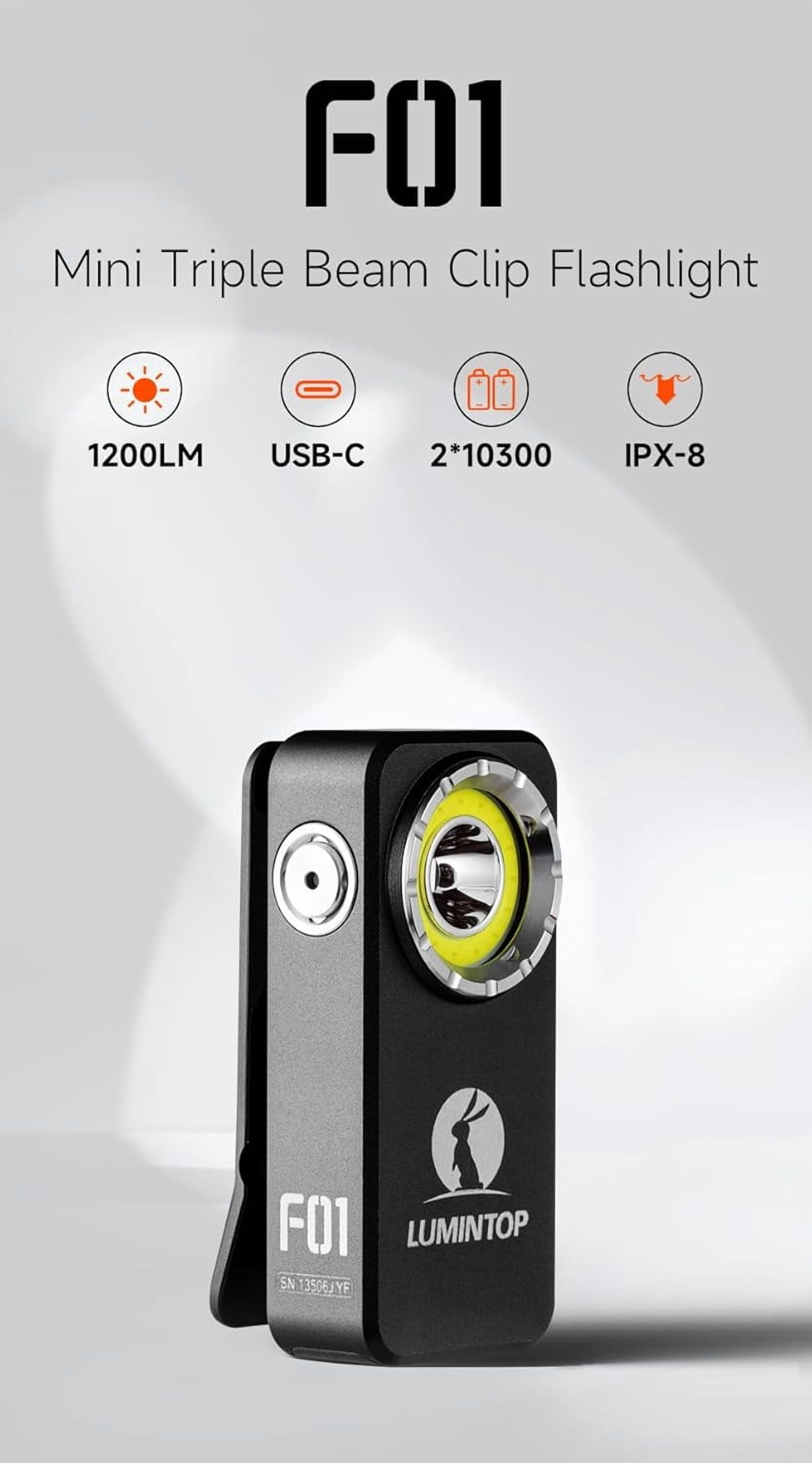 LIDUI-F01 Compact Triple Light Source Clip-on Flashlight, 1200 Lumens ...