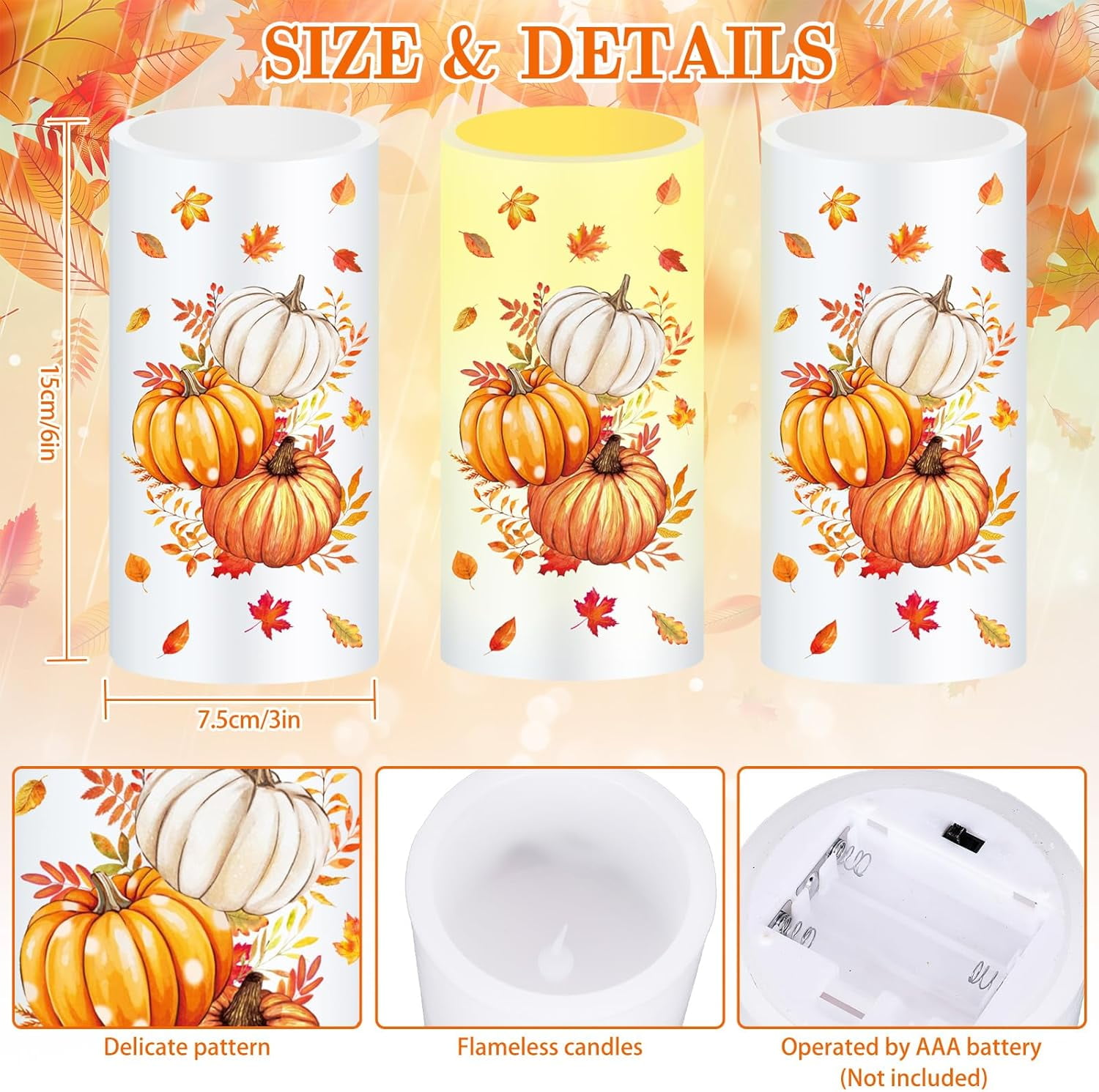 LIDUI-Fall LED Flameless Candles Orange Pumpkin Warm Light Battery ...