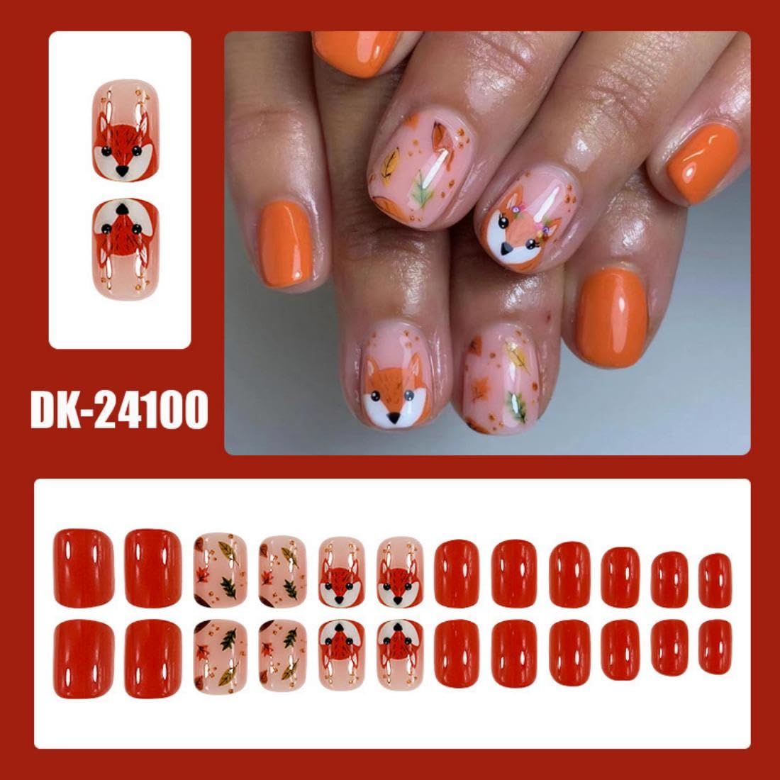 LIDUI-Fall Press on Nails Short Square Fake Nails with Fox Design Maple ...