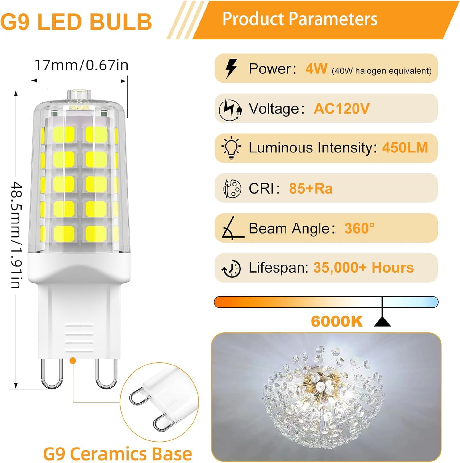 LIDUI-G9 LED Bulb, Daylight White 6000K, 4W G9 Base Light Bulbs, 40W T4 ...