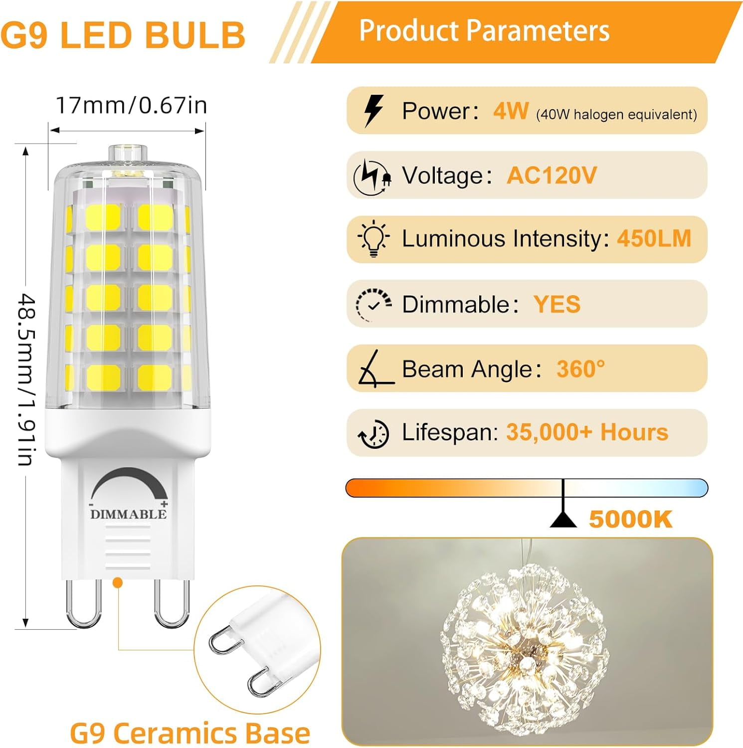 LIDUI-G9 LED Bulb Dimmable 4W (40W Equivalent) - 5000K Daylight White ...