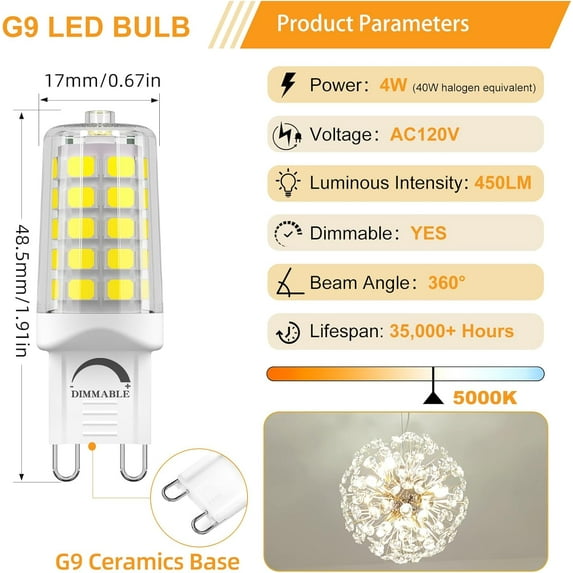 LIDUI-G9 LED Bulb Dimmable 4W (40W Equivalent) - 5000K Daylight White ...