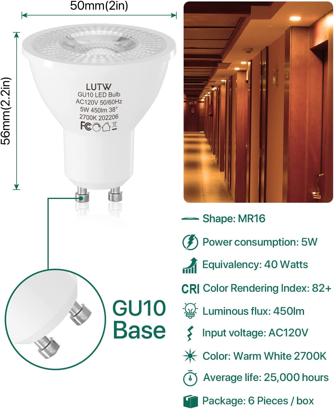 LIDUI-GU10 LED Light Bulbs Dimmable, 40W Halogen Equivalent, Warm White ...