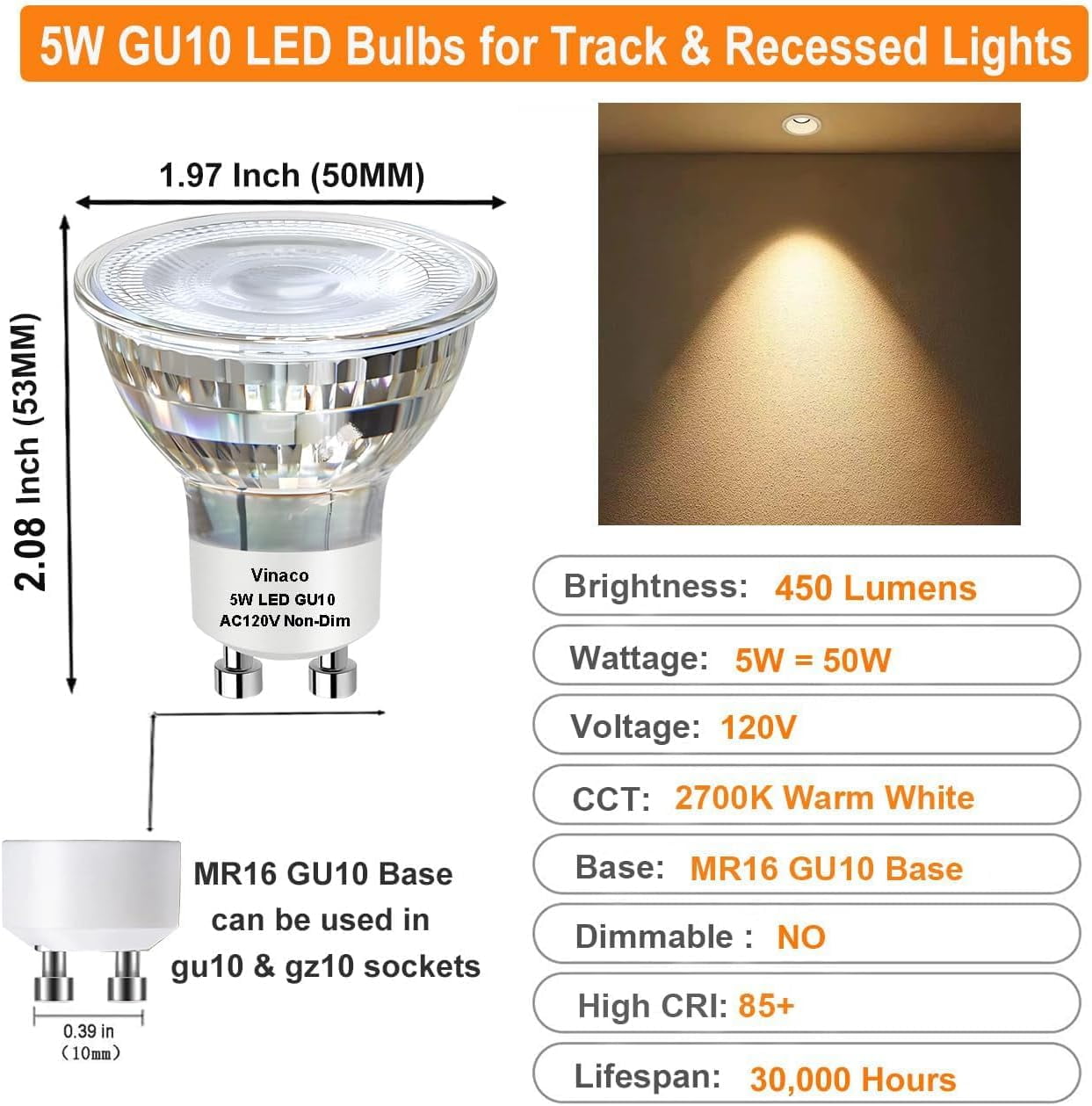 LIDUI-GU10 LED Light Bulbs Non-Dimmable, 6PCS Long Lasting MR16 GU10 ...