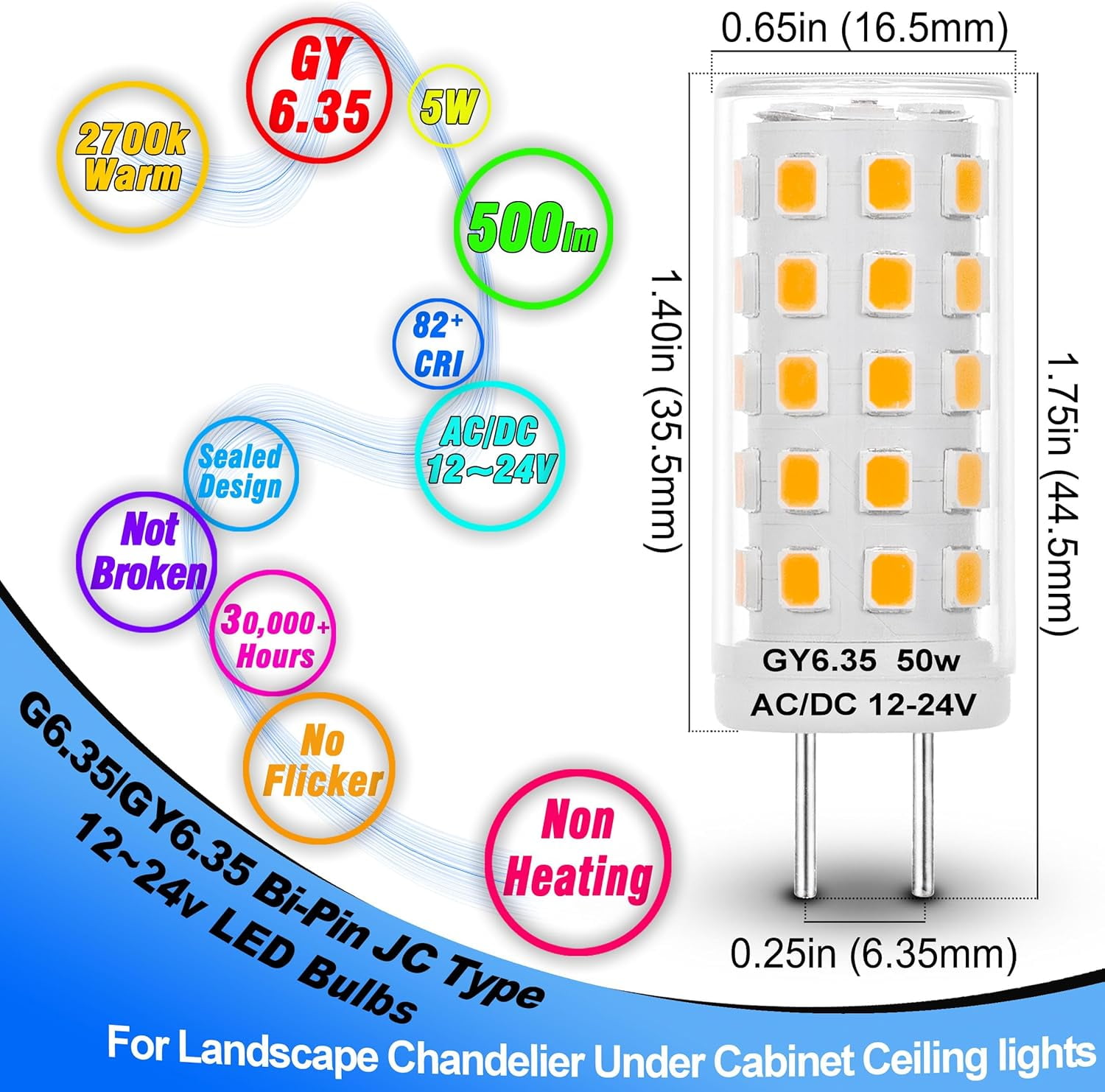 LIDUI-GY6.35/G6.35 5W LED Bulb AC/DC 12-24V Warm White 2700K JC Type Bi ...