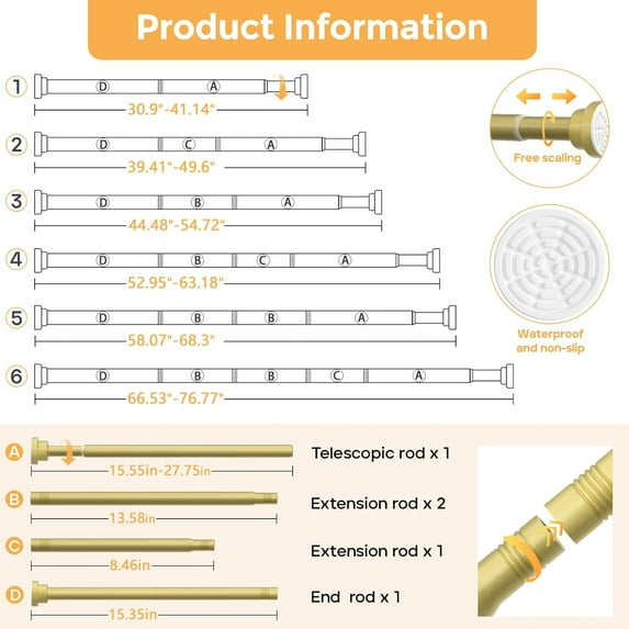 LIDUI-Gold Shower Curtain Rods for Windows 40-73 inch Adjustable Shower ...