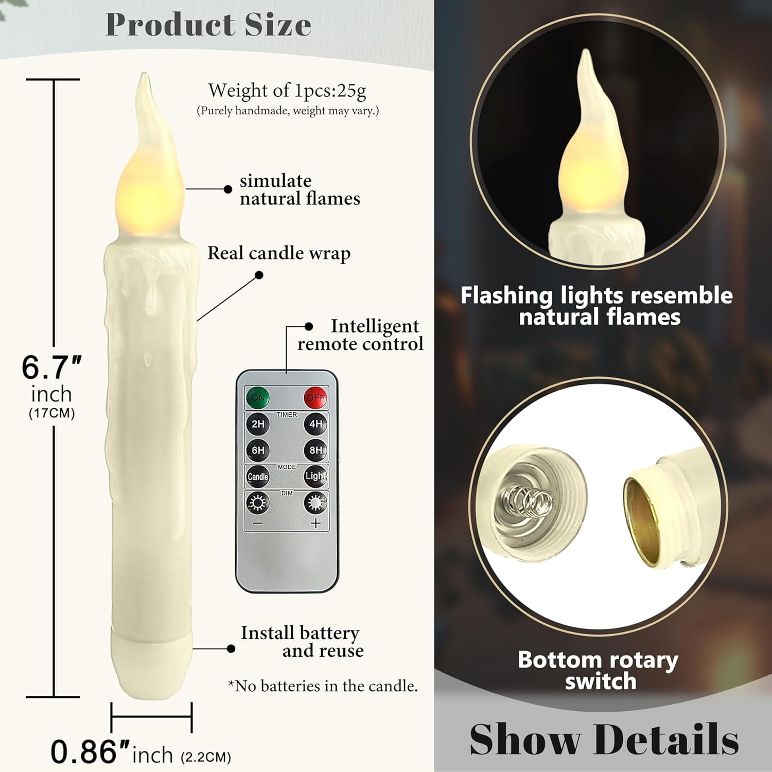 LIDUI-Ivory White Flameless Short Taper Candles, Real Wax Hand Dipped ...