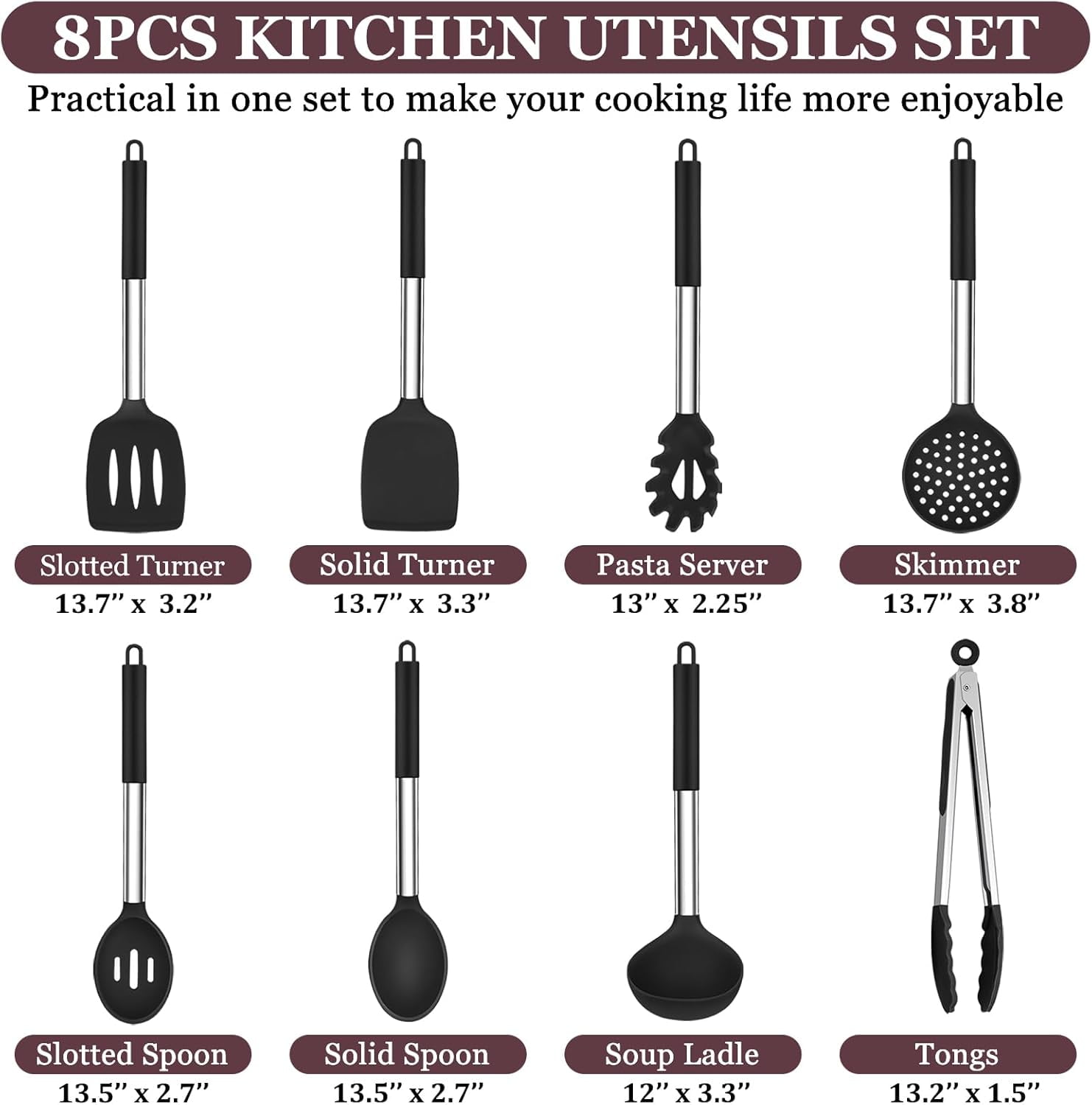 LIDUI-Kitchen Utensils Set of 8, Silicone Utensils Kitchen Tools Set ...