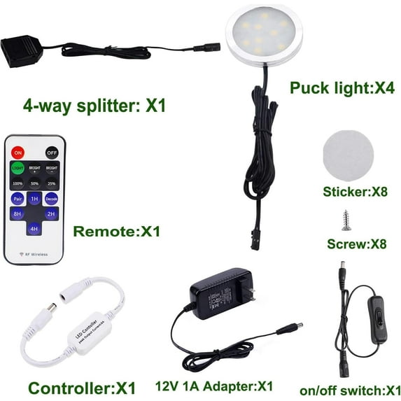LIDUI-LED Under Cabinet Lighting Kit 4 Packs of 12V Puck Lights with RF ...