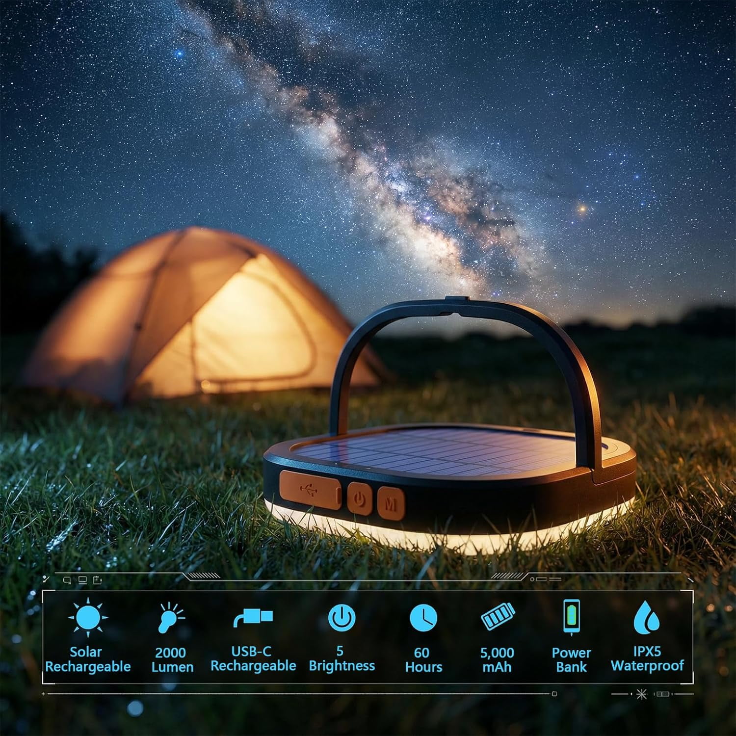 LIDUI-LED Camping Lantern, Solar Lanterns, 5000mAh Rechargeable Light ...