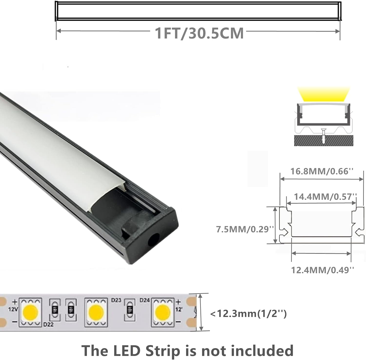 LIDUI-LED Strip Black U Channel Diffuser 6-Pack 1FT,17X7.5MM Surface ...