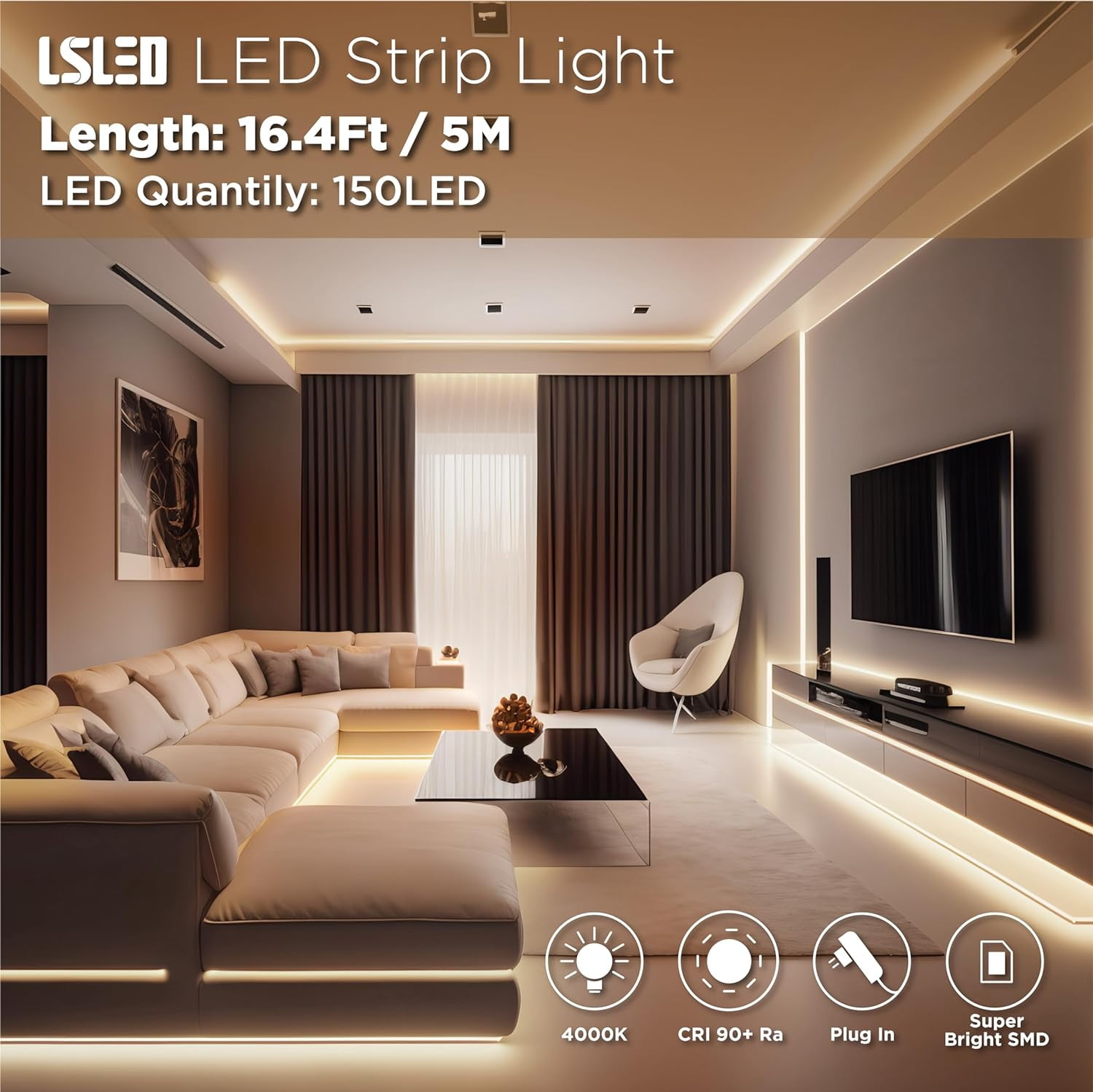 LIDUI-LED Strip Lights, 16.4 FT LED Light Strip with ETL 12V DC Adapter ...