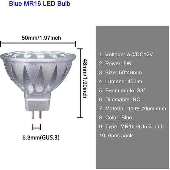 LIDUI-MR16 GU5.3 Blue Led Bulbs 5W,20W 35W 50W Halogen Equiv,Low ...
