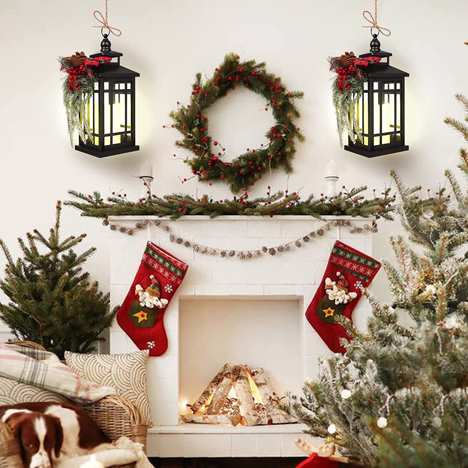 LIDUI-Metal Christmas Vintage Candle Lanterns with Led Light,Red Ribbon ...
