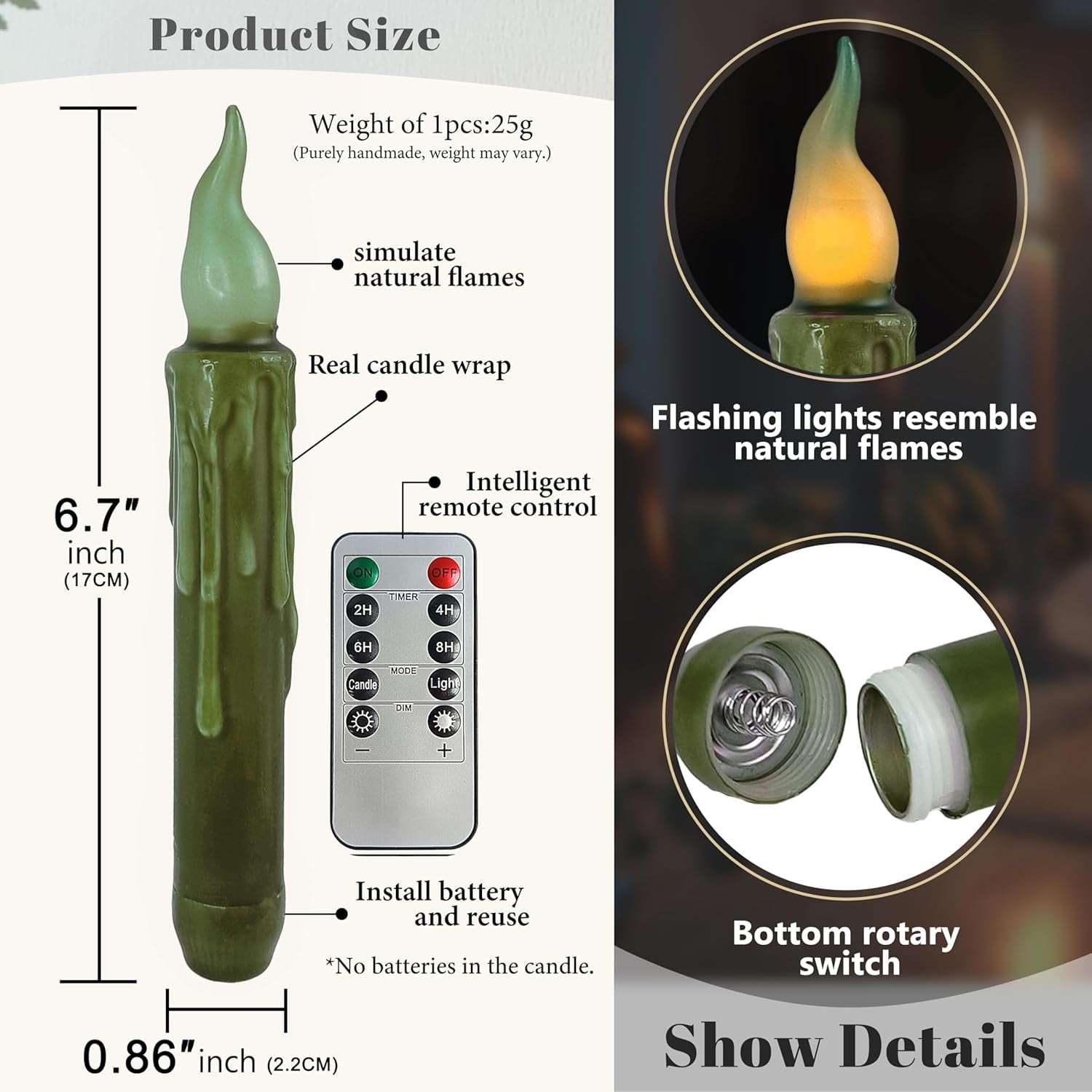 LIDUI-Olive Green Flameless Short Taper Candles, Real Wax Hand Dipped ...