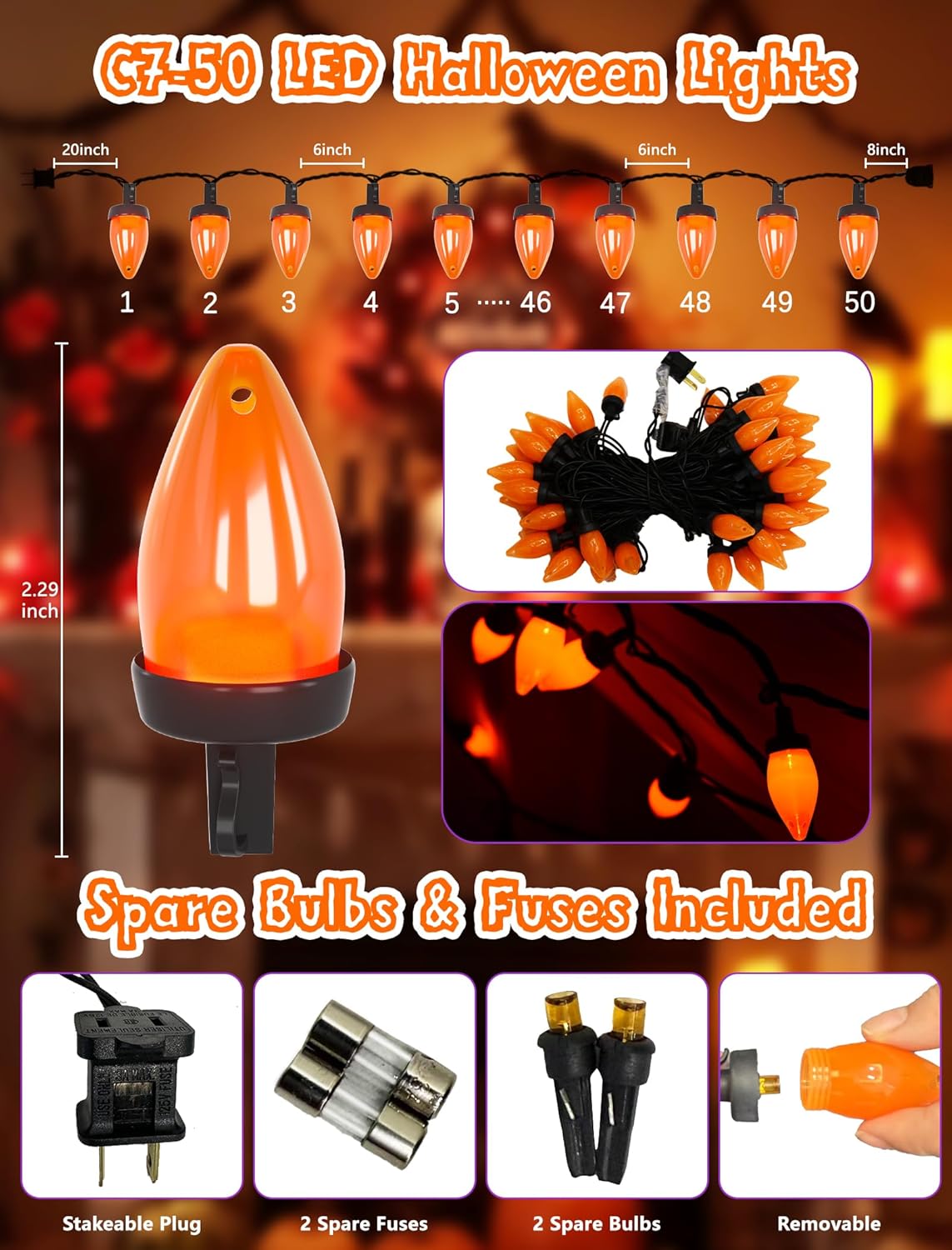 LIDUI-Orange String Lights Outdoor, 26ft C7 Halloween Outdoor Light ...