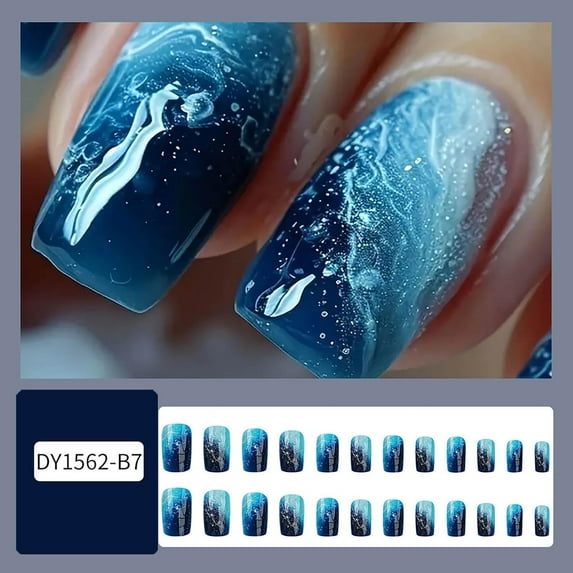 LIDUI-Press on Nails Medium,Blue Press on False Nails,Square Fake Nails ...