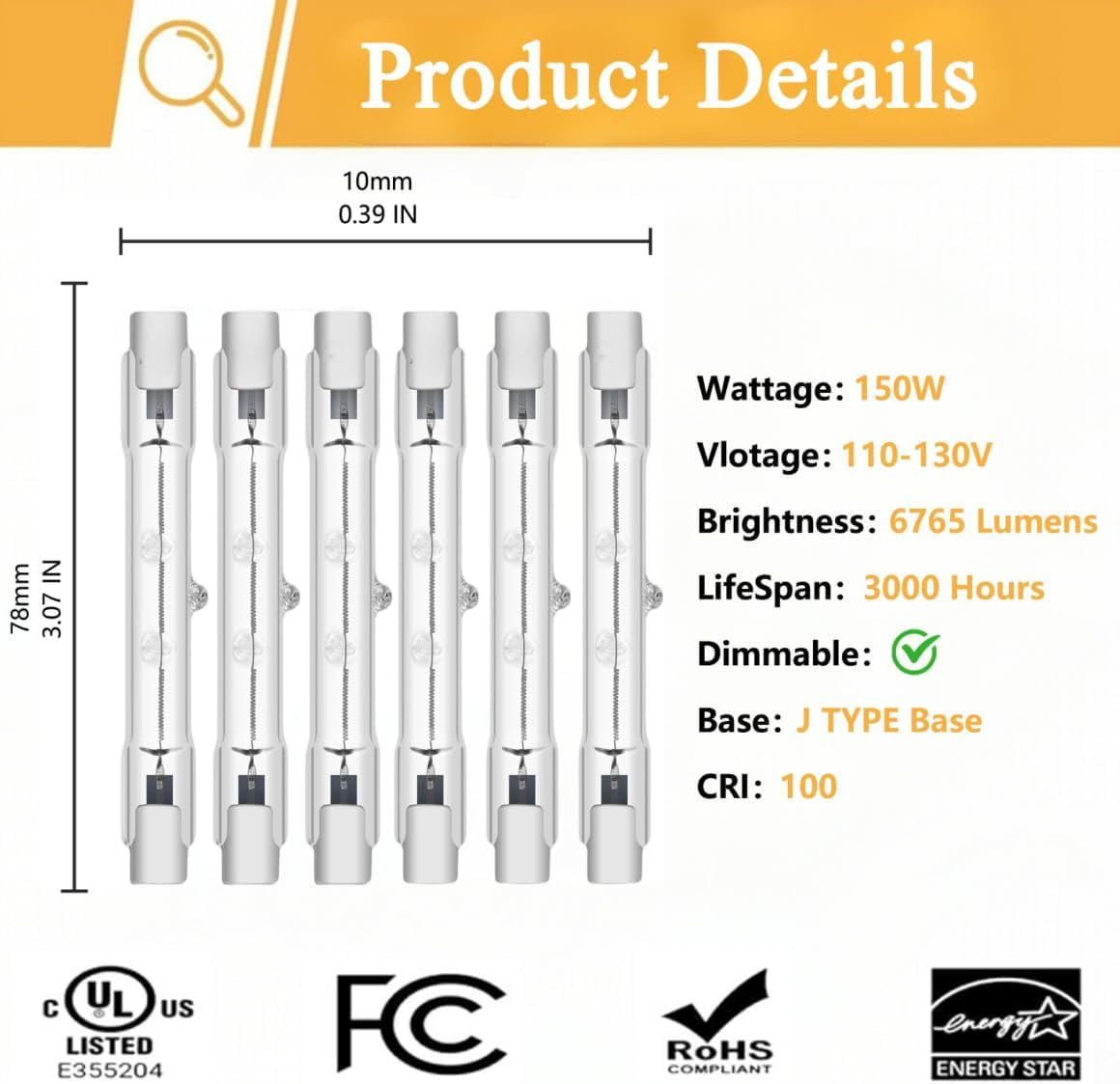 LIDUI-R7S Halogen Light Bulbs 120V 150W,6 Pack J78mm T3 J Type Halogen ...