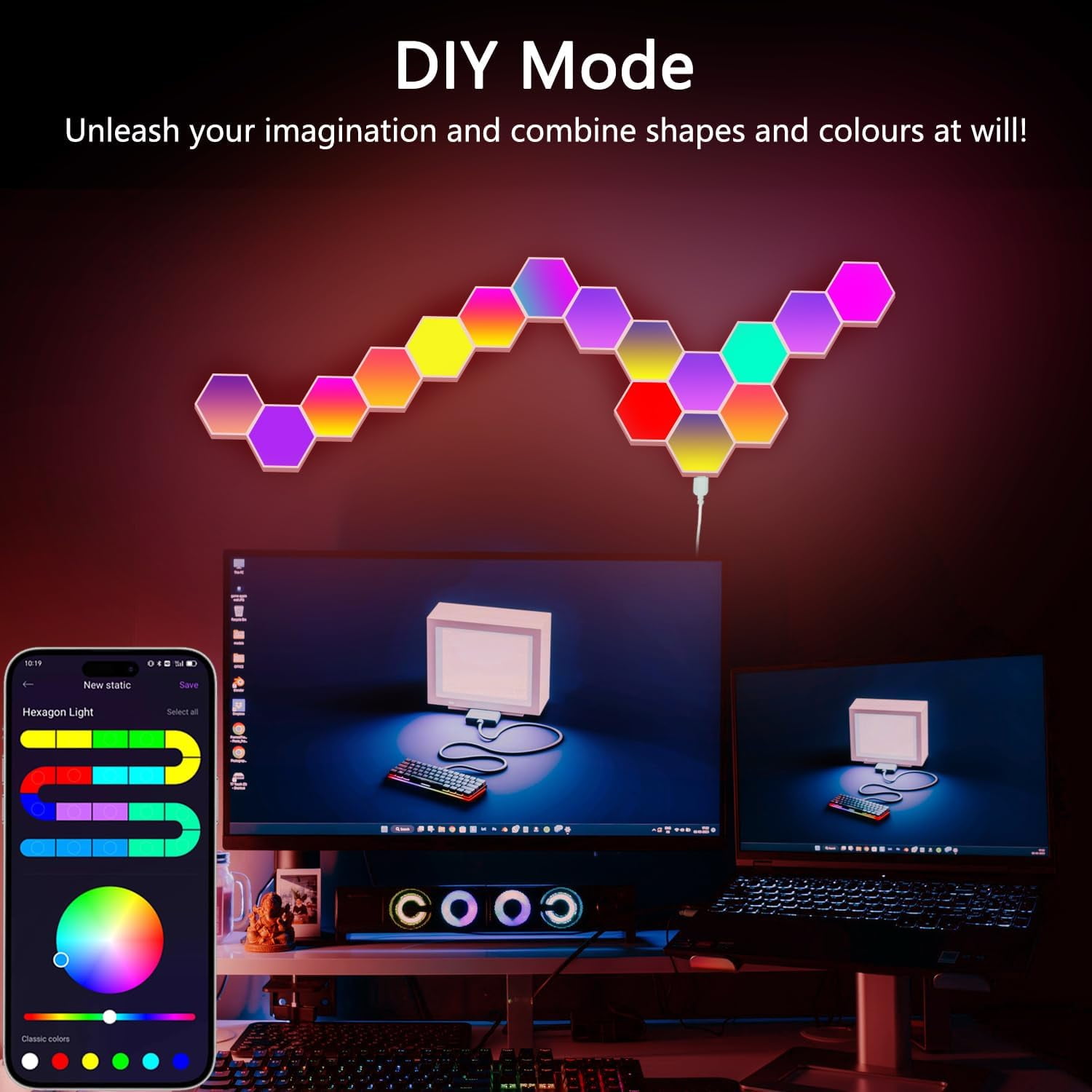LIDUI-RGB Hexagon Wall Lights, 12 Pack Smart LED Panel Lights with App ...