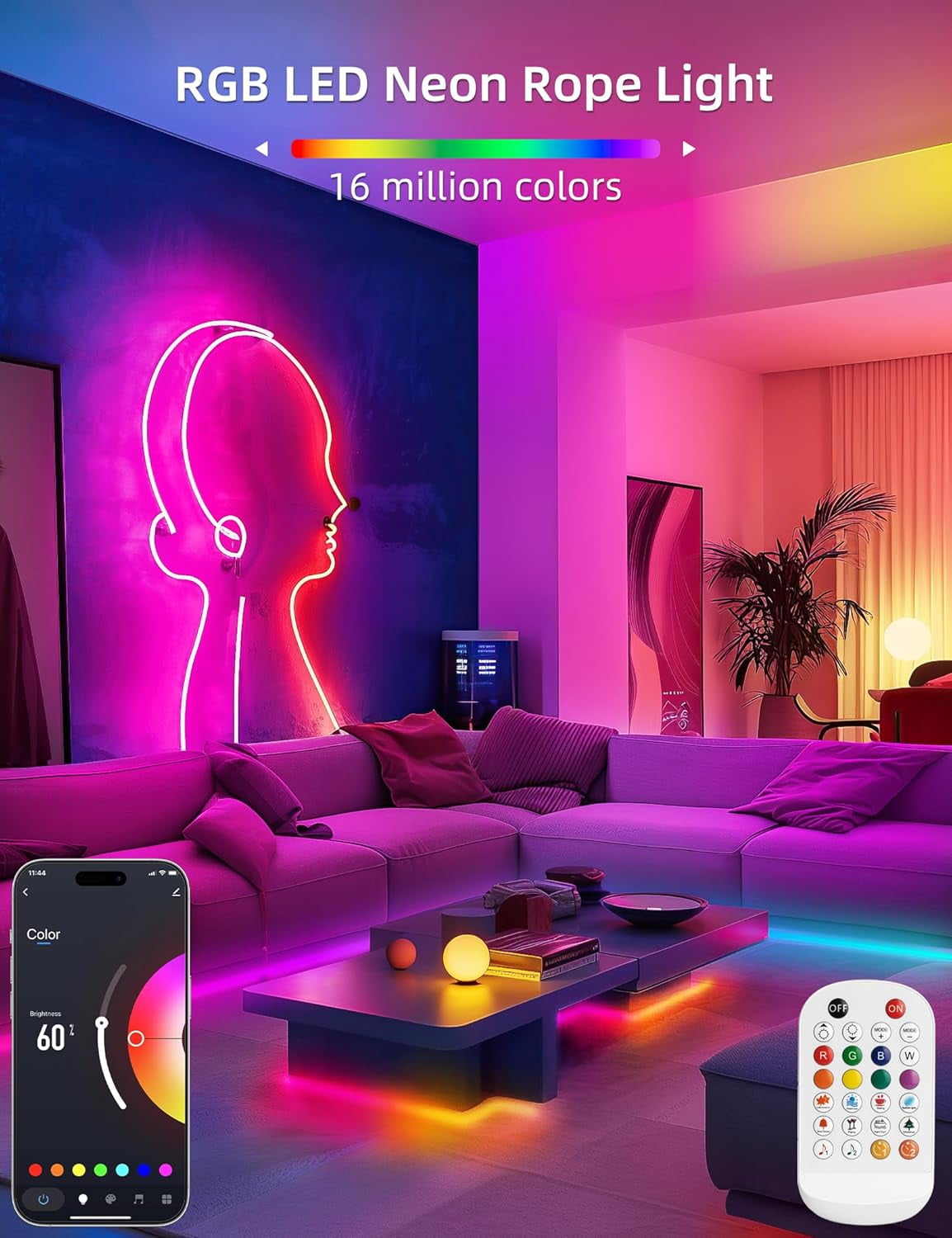 LIDUI-RGB Neon LED Strip Lights, 16.4Ft Led Neon Rope Lights with App ...