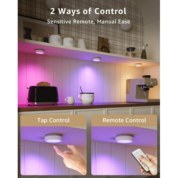 LIDUI-RGB Rechargeable Puck Lights with Remote Control, 2400mAh Battery ...
