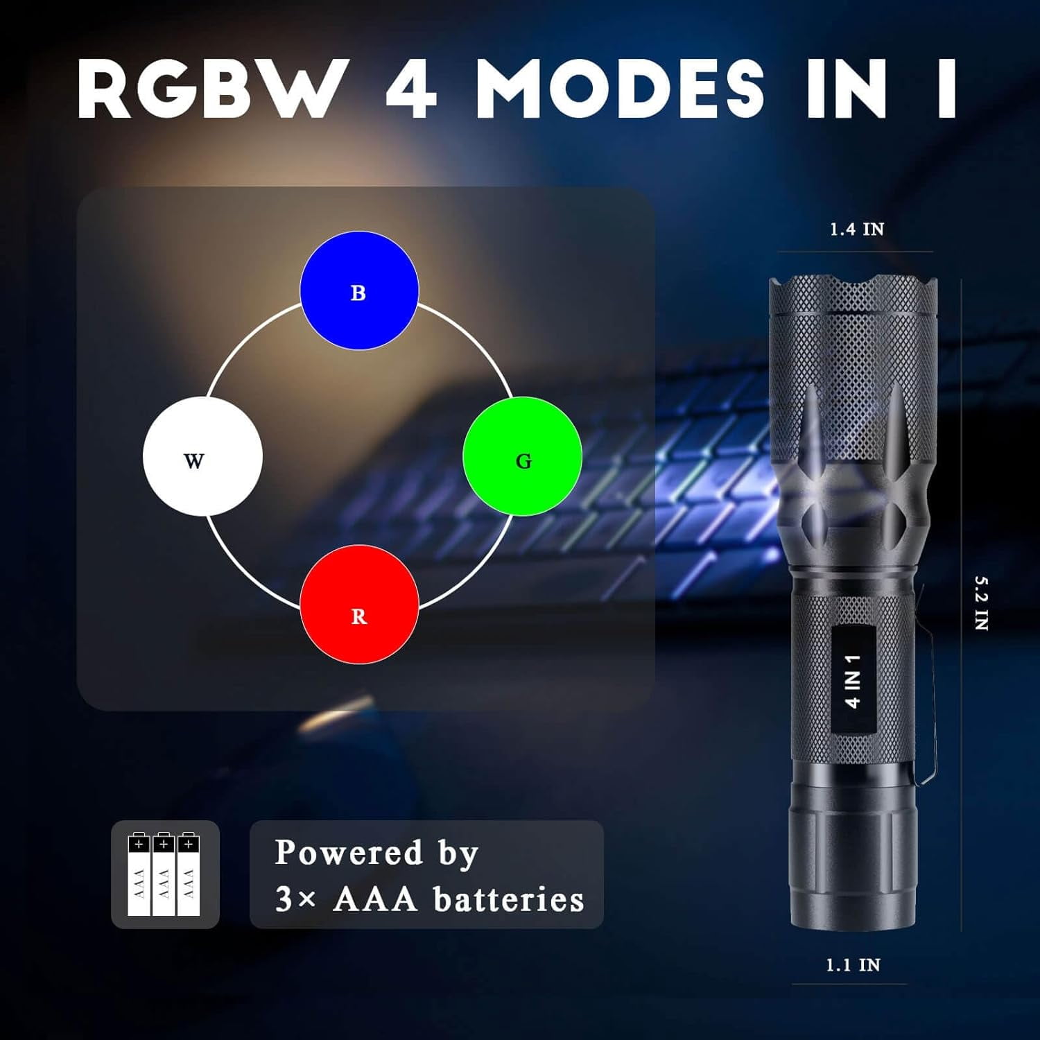 LIDUI-RGBW 4 Modes Flashlight, Red Green Blue White Light Options ...