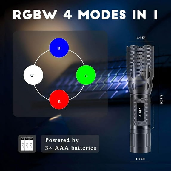 LIDUI-RGBW 4 Modes Flashlight, Red Green Blue White Light Options ...