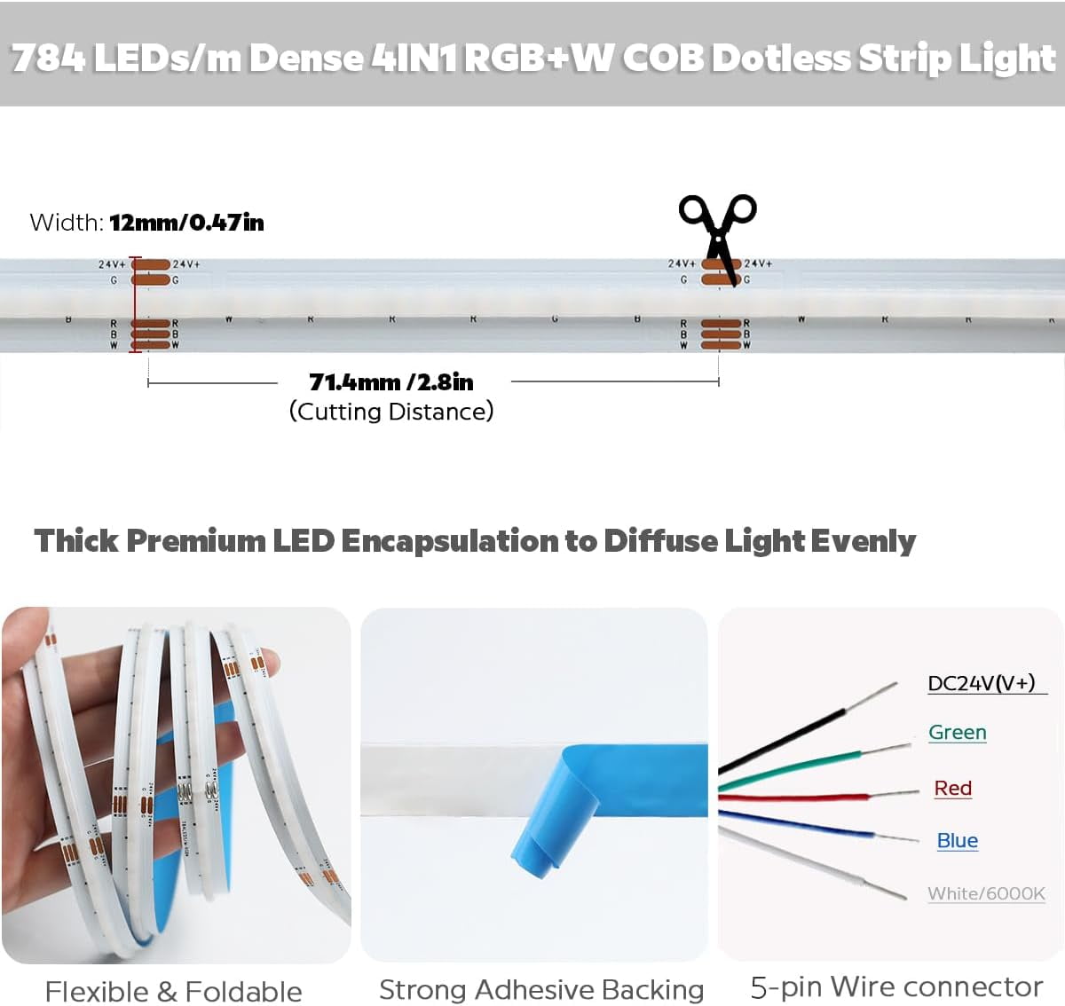 LIDUI-RGBW COB LED Strip 24V RGB+4000K Natural White Dimmable 3920LEDs ...