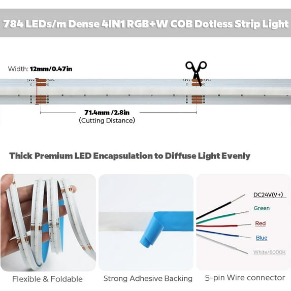 LIDUI-RGBW COB LED Strip 24V RGB+4000K Natural White Dimmable 3920LEDs ...