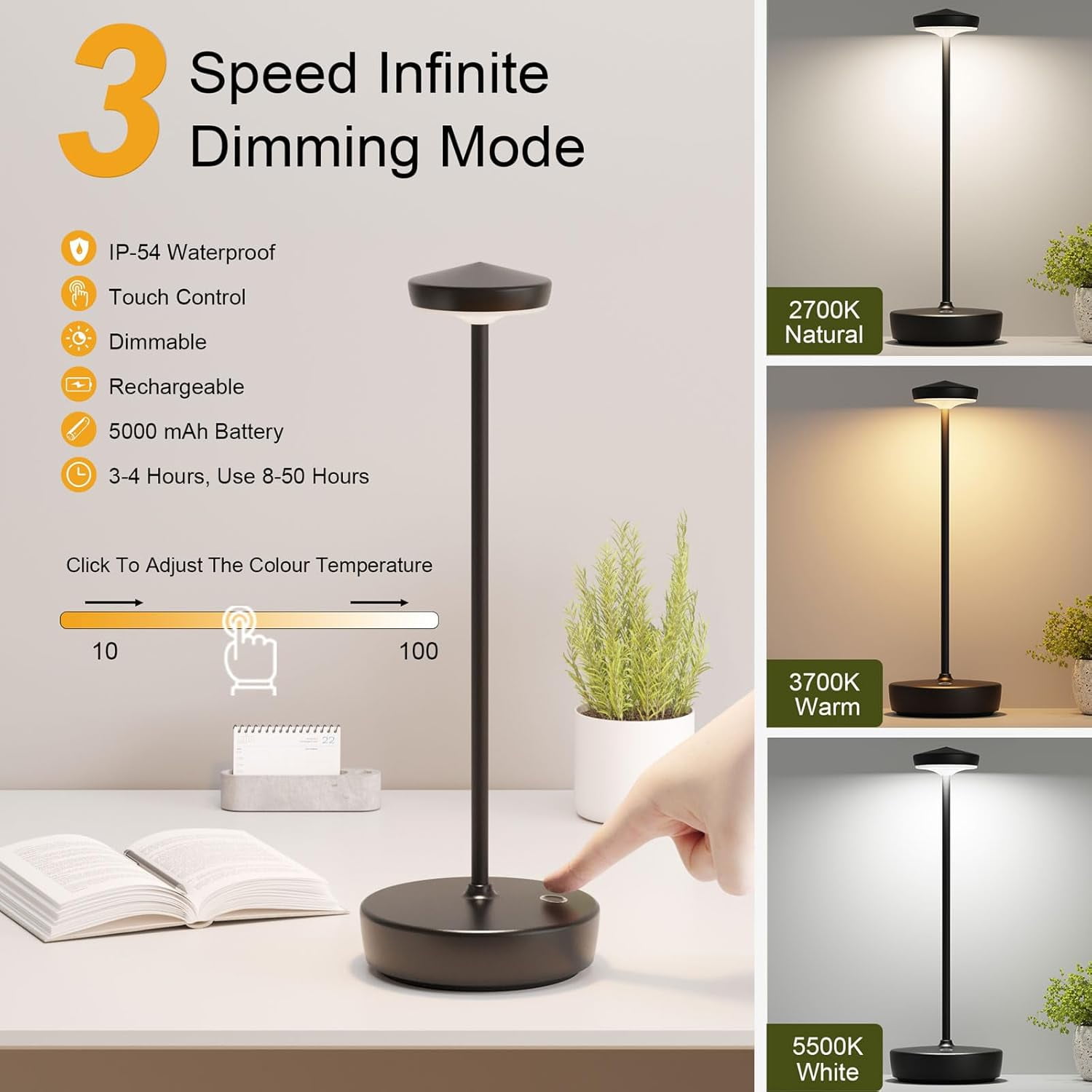 LIDUI-Rechargeable LED Cordless Table Lamp,5000 mAh Touch Outdoor Table ...