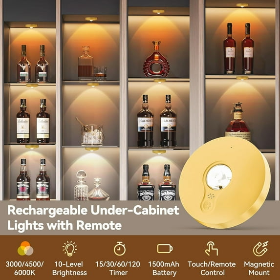 LIDUI-Rechargeable Puck Lights with Remote, 3 Pack Magnetic Under ...