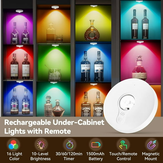 LIDUI-Rechargeable Puck Lights with Remote, 3 Pack Magnetic Under ...