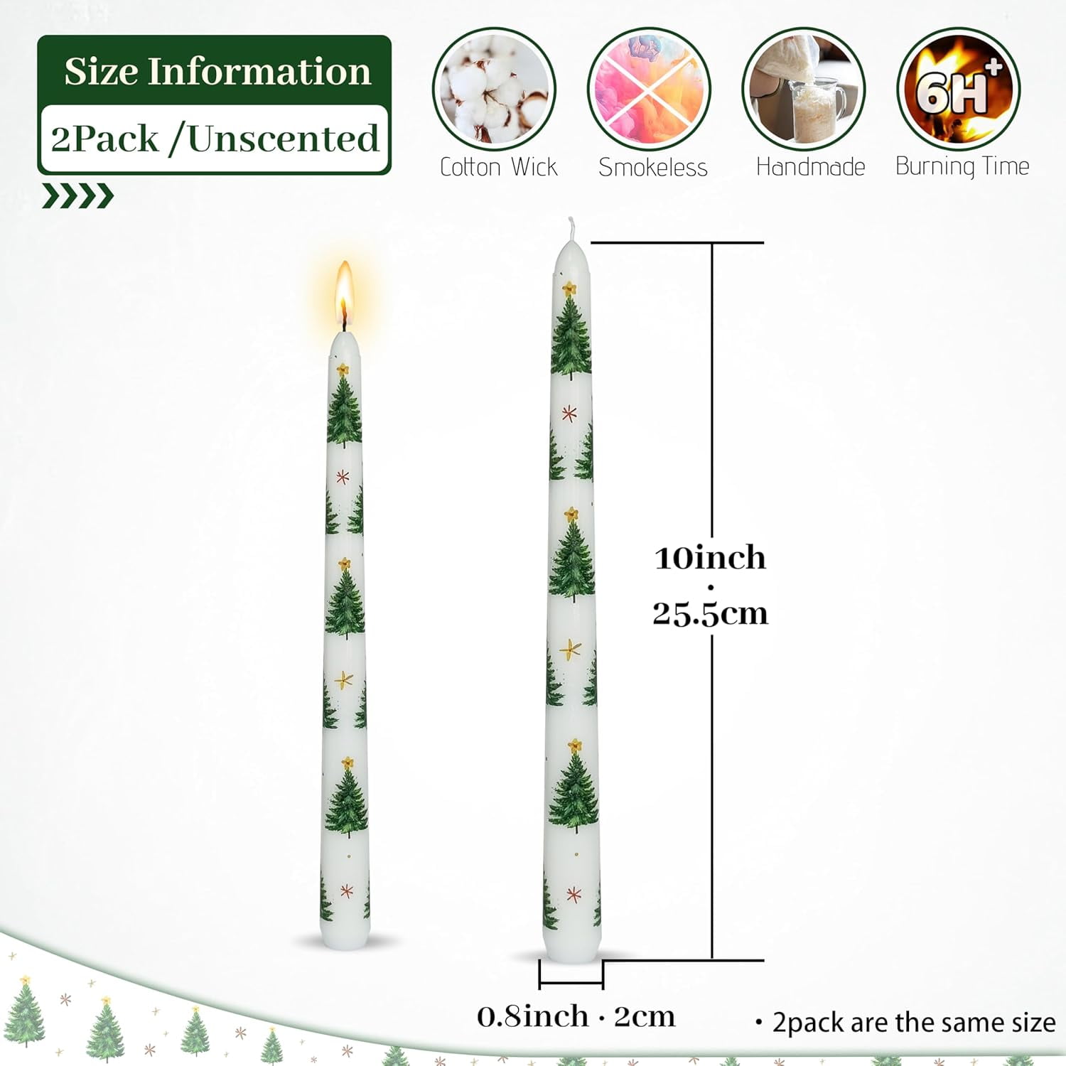 LIDUI-Set of 2 Printed Christmas Tree Patterns Taper Candles -10 Inch ...