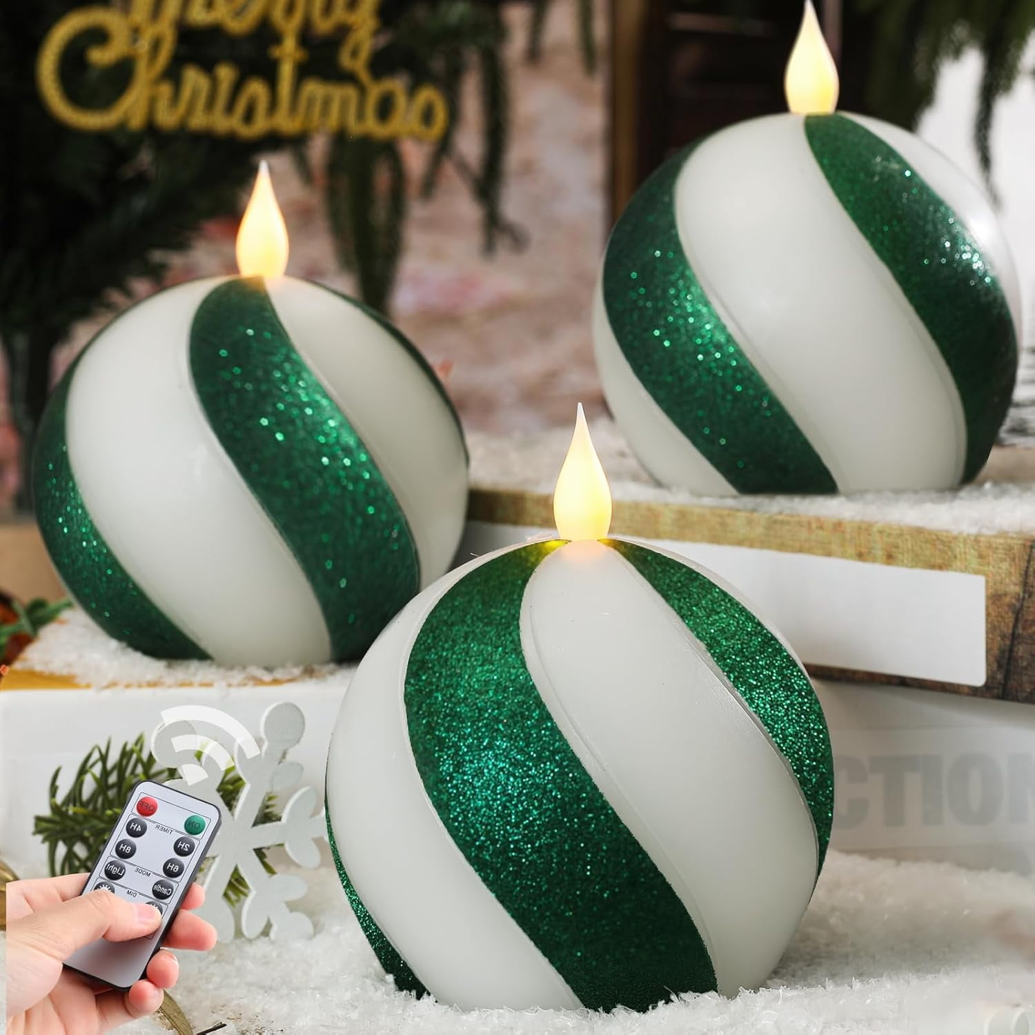 LIDUI-Set of 3 Christmas Sphere Candy-Cane Flameless Candles, Green ...