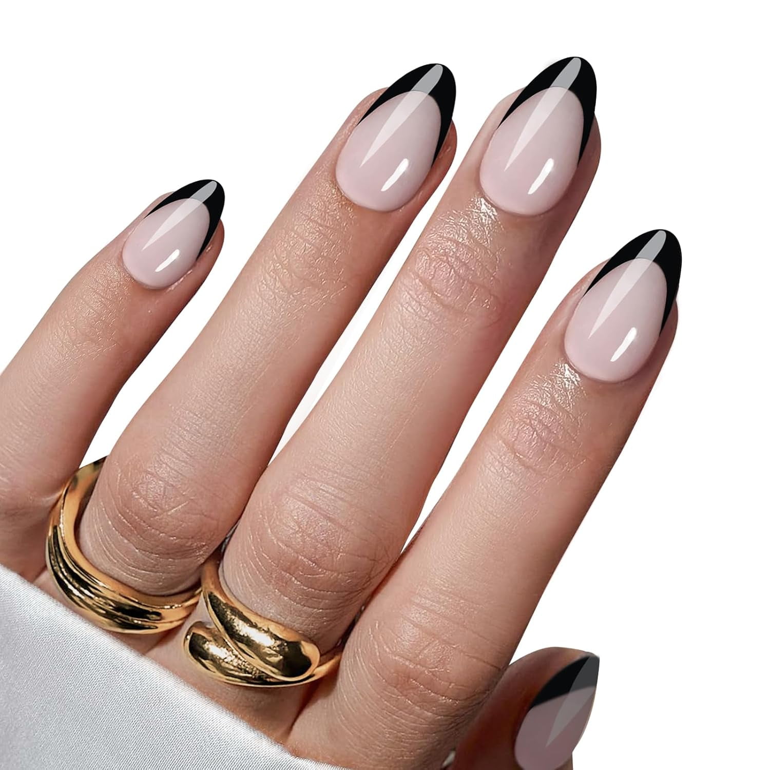 LIDUI-Short Almond Press On Nails Black French Nail Tips with Glue ...