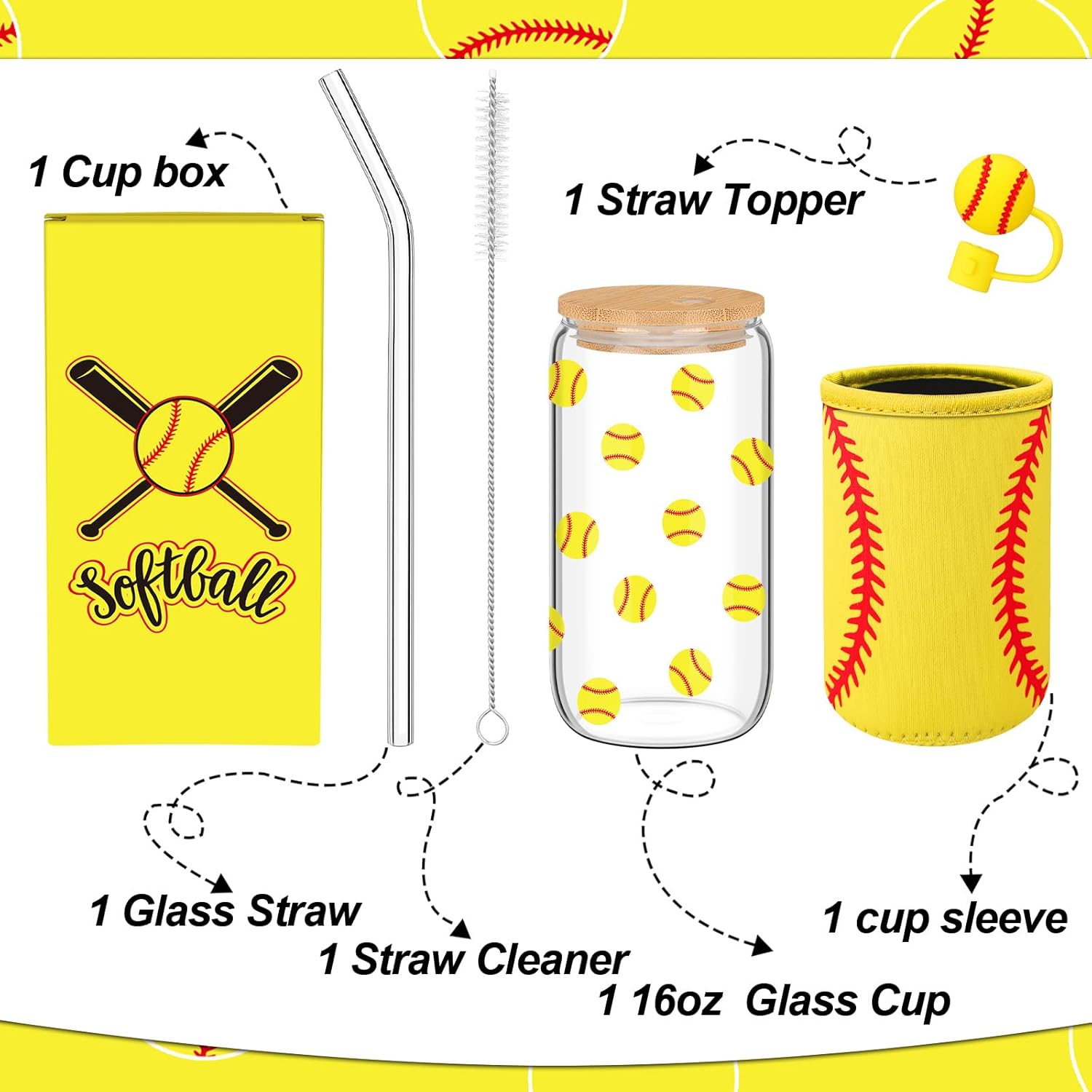 LIDUI-Softball Lovers Gifts, 16 oz Glass Iced Coffee Cup with Straw ...