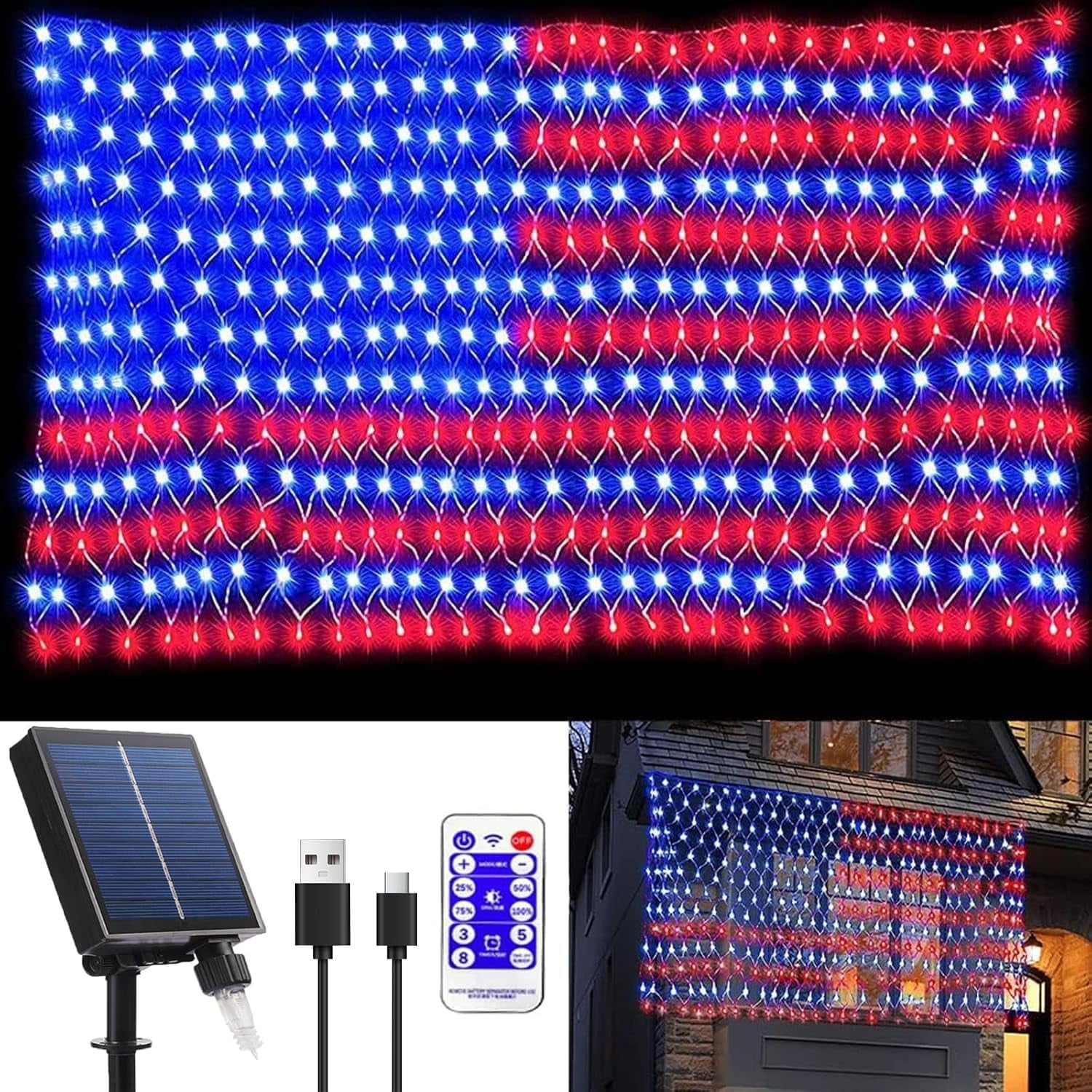 LIDUI-Solar American Flag Lights, 420 LED Waterproof American Flag Net ...
