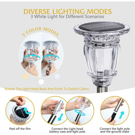 LIDUI-Solar Pathway Lights Outdoor 2 Pack, 3 Lighting Modes Glass and ...