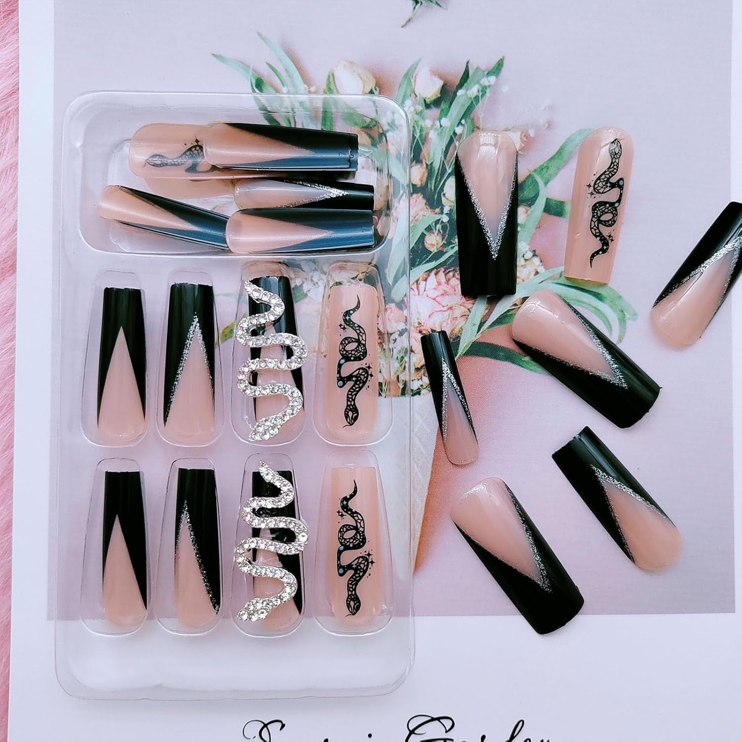 LIDUI-Square Black French Tip Press on Nails Long - Rhinestone Snake ...