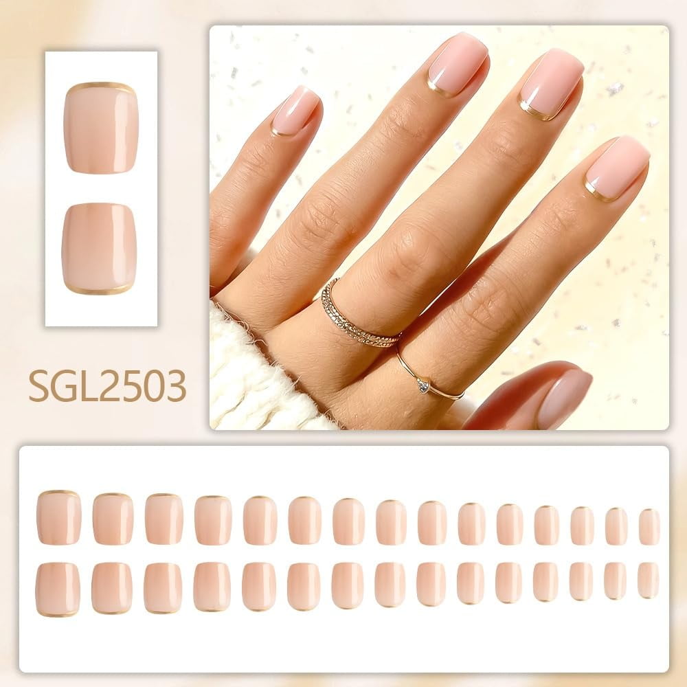 LIDUI-Square Press on Nails Short Glue on Nail with Gold Chrome Designs ...