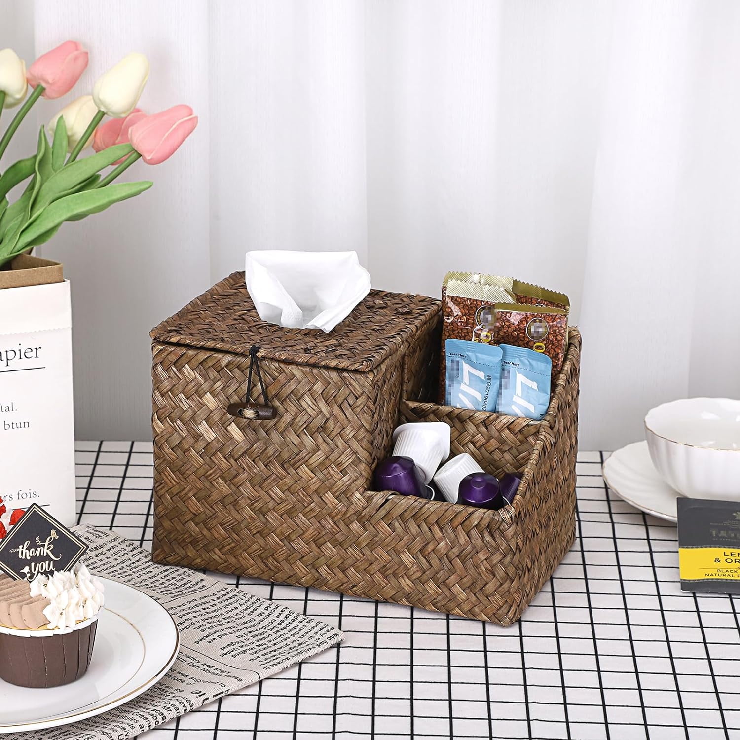 LIDUI-Square Woven Tissue Box Cover - Decorative Cube Tissue Box Holder ...